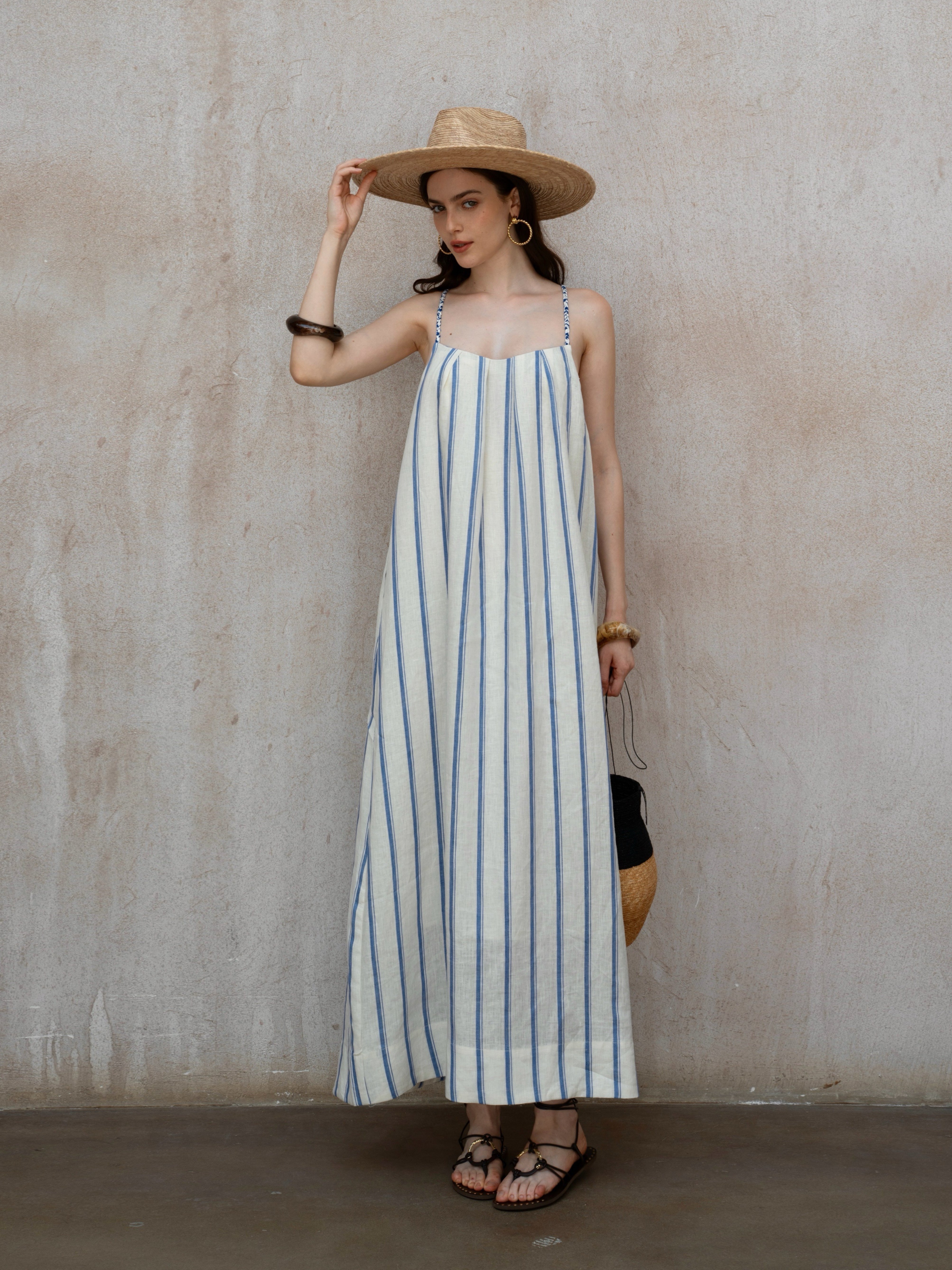 Last Sunset Striped Linen Maxi Dress – Backless Summer Vacation Dress